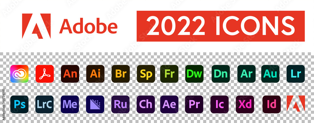 Adobe logotype icon set. Logo typeset collection. All Adobe programs ...