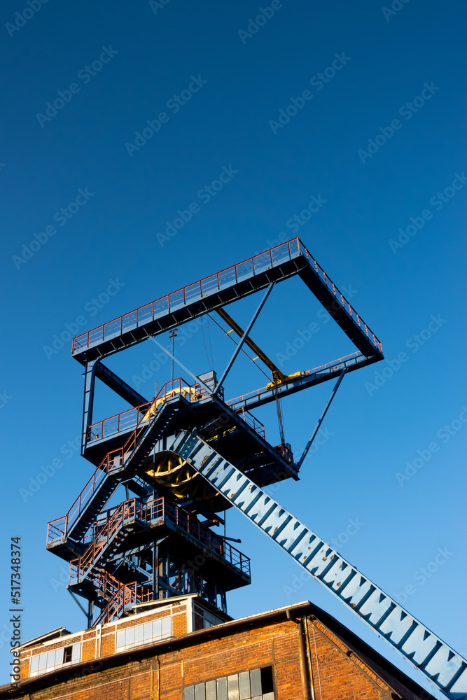 The shaft tower of a closed black coal mine. Decarbonization processes ...