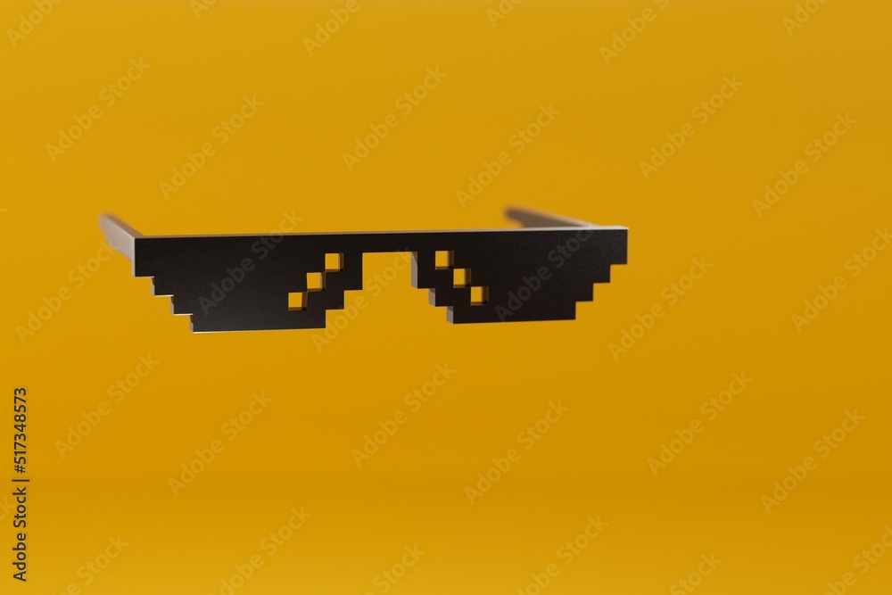 black pixel glasses on a yellow background. 3d render. 3d illustration ...