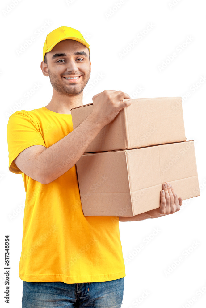 Delivery man with a box. Courier in uniform cap and t-shirt service ...