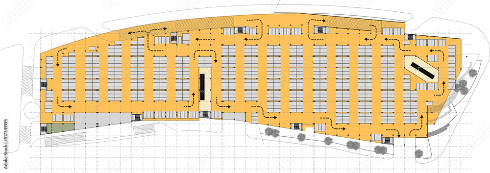 2d conceptual architectural drawing of a closed parking lot at basement ...