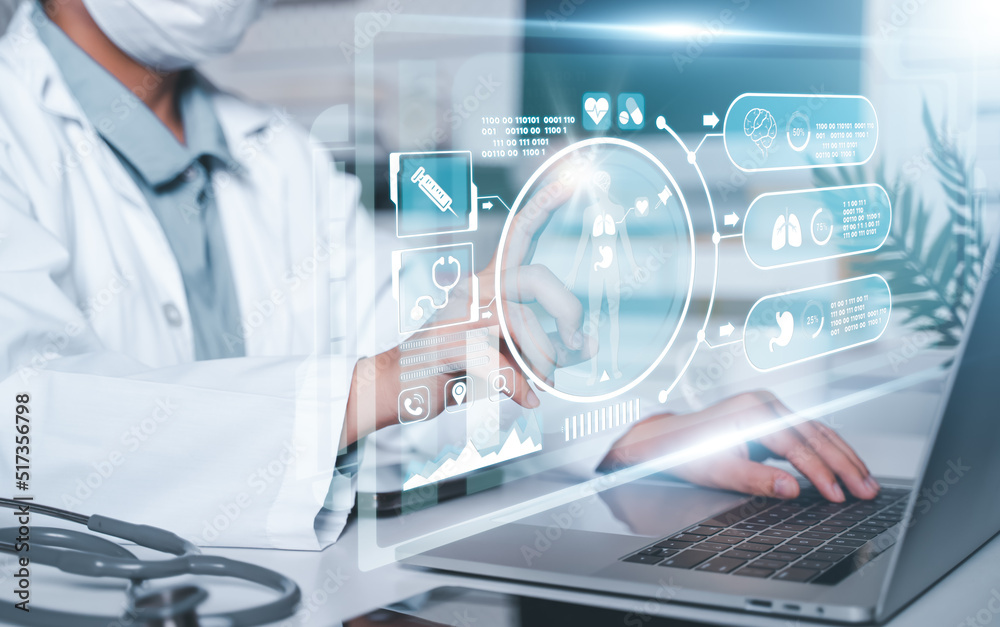 Medicine doctor touching screen with digital healthcare and network ...