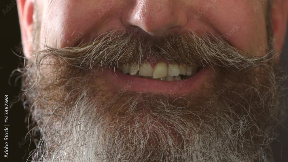 Closeup of a smiling man with crooked teeth and a thick beard. Details ...