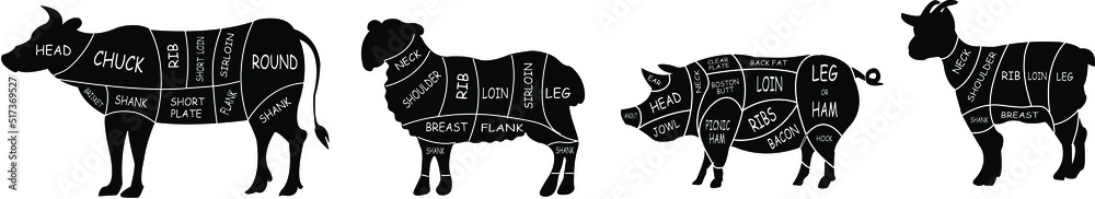Diagrams for butcher shop set,Diagram guide for cutting meat Stock ...