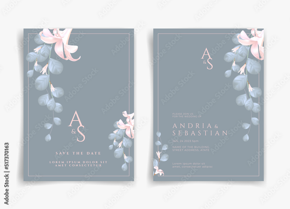 Blue wedding card or invitation card with pink flower and leaf theme ...