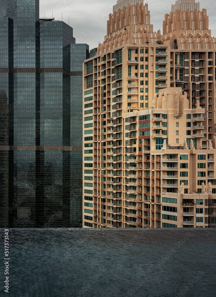 Architectural view of city skyscrapers. Two modern high-rise buildings ...