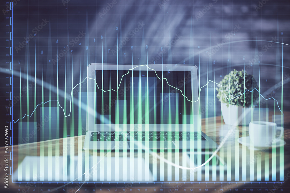 Forex market chart hologram and personal computer background. Multi ...