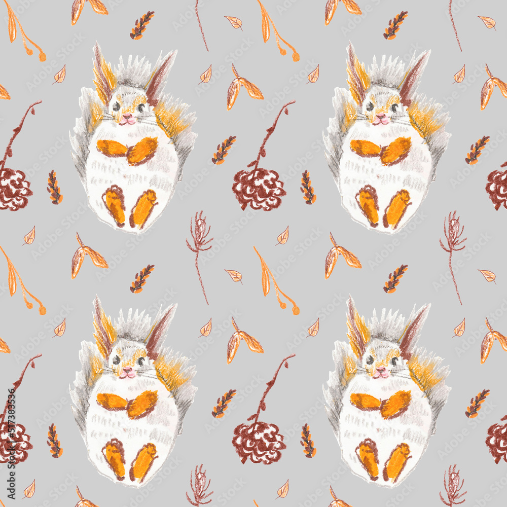 Autumn squirrels seamless pattern drawn in wax crayons on gray ...