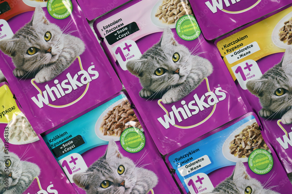 KHARKIV, UKRAINE - FEBRUARY 06, 2021: Whiskas branded cat pet food ...