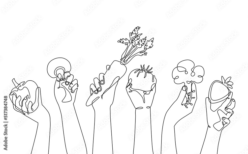 Set of peope hands holding food. Cooking Background. Continuous line ...