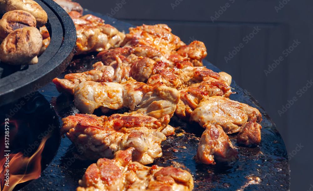 chicken meat fire flames black background hot BBQ charcoal grill ...