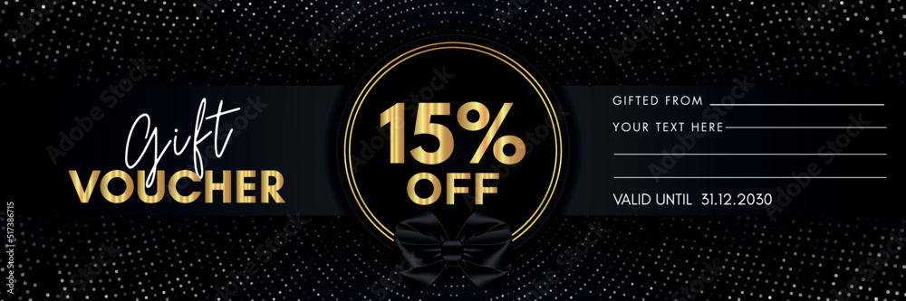 15 percent off gift voucher template design with gold circle frame and ...