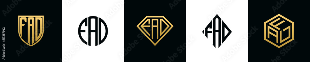 Initial letters FAD logo designs Bundle. This collection incorporated with shield, round ...