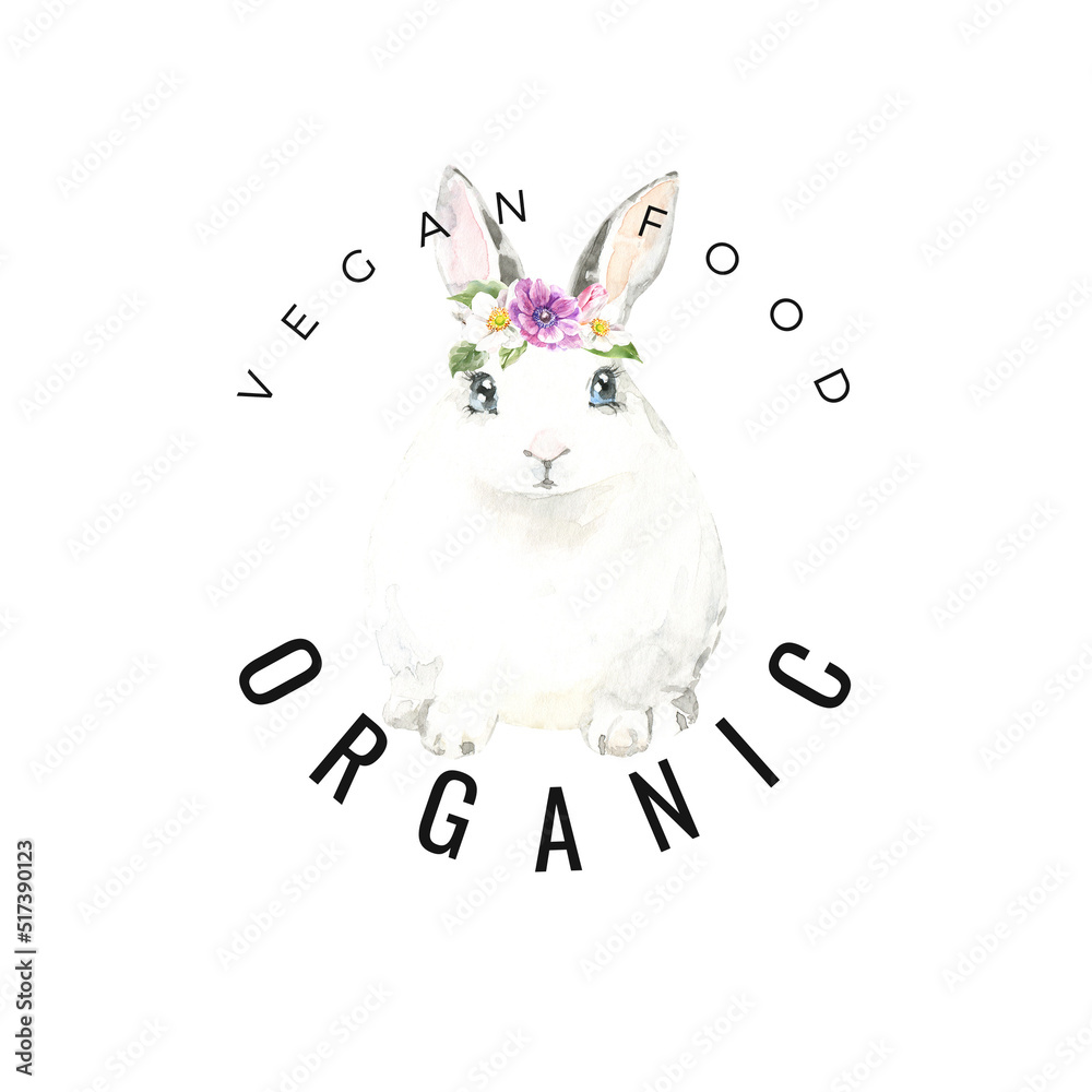 Vegan food organic logo symbol. Watercolor animal white bunny ...
