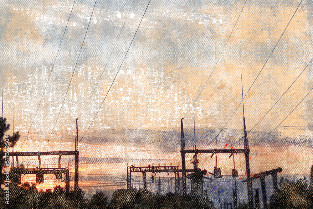 A transformer station against a pink sunset sky. Lines of intersecting ...