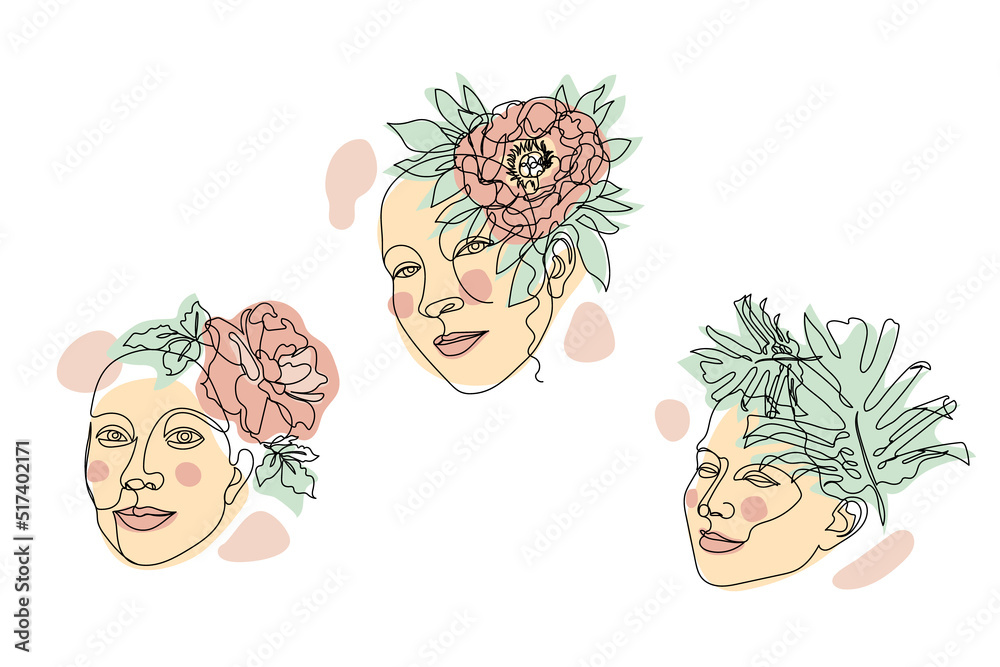 Set of one single line drawings of girl faces with flowers and pastel ...