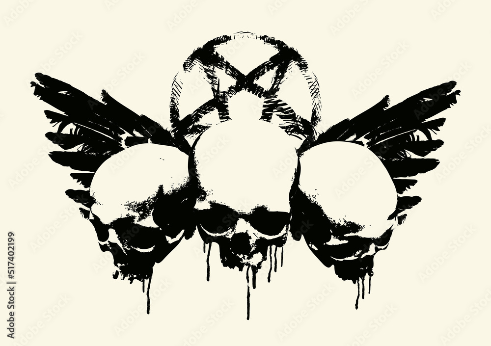 three human skulls and bird wings. black spots and an inverted ...