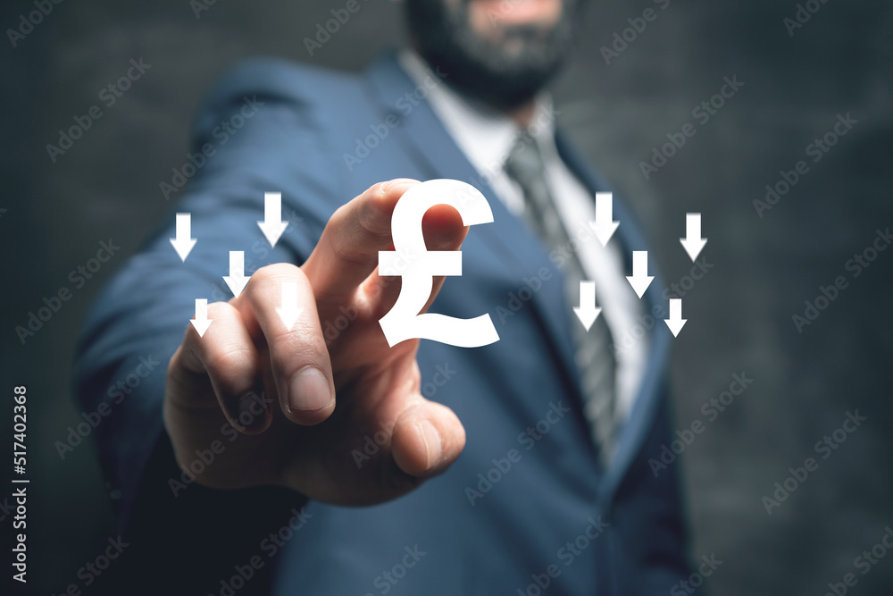 Pound sterling icon with down arrows. Man tapping on the screen Stock ...