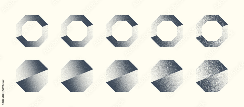 Abstract Shifted Octagon Shapes Hand Drawn Retro Dotwork Art Vector Set ...