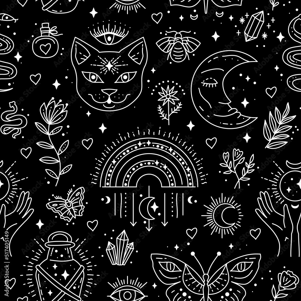 Magic boho symbols seamless pattern. Backdrop of gypsy sacred elements ...
