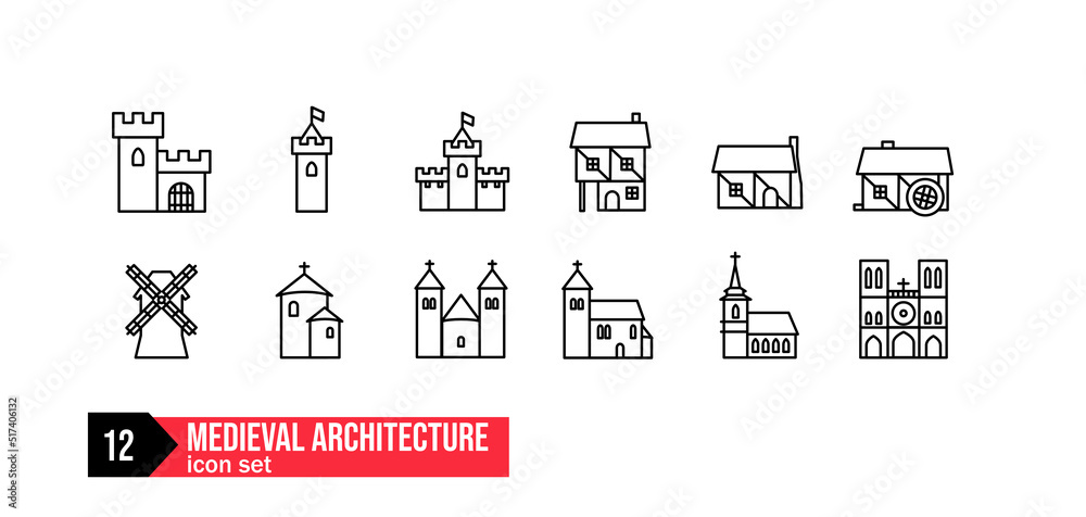 medieval architecture icon set buildings, church, cathedral, chapel ...