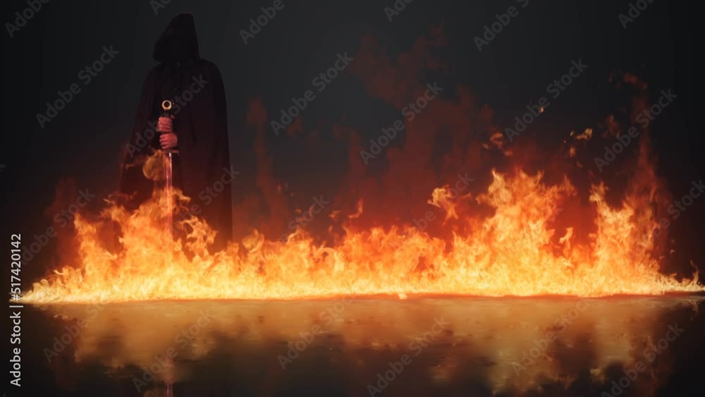 Fire Blazing Dark Figure with Sword 4K features a line of fire blazing ...