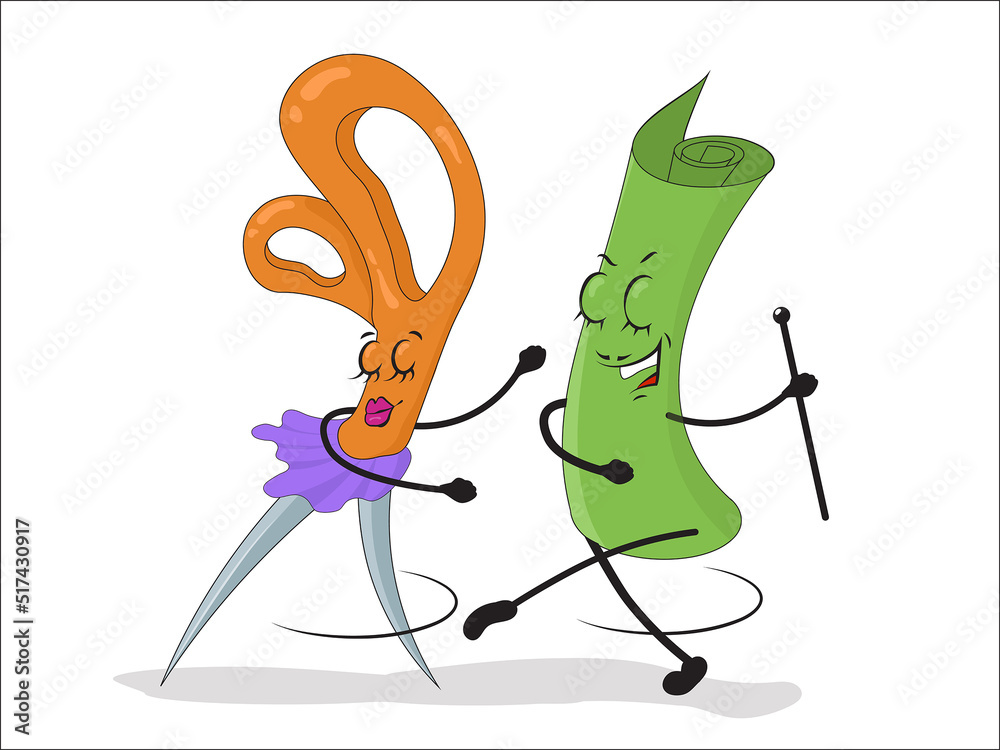 30s cartoon illustration of scissors and paper are dancing ready for ...