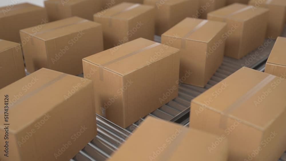 4K Loop Cardboard boxes on conveyor belt line isolated on white grey ...
