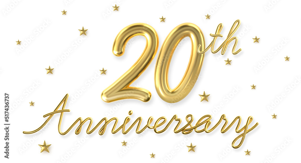 3d golden 20 years anniversary celebration with star background. 3d ...