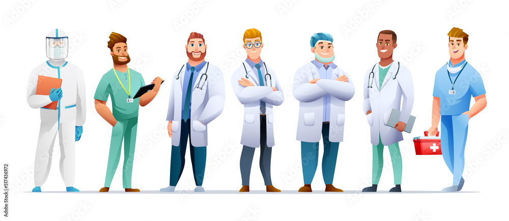 Set of medical men doctor and nurse cartoon characters Stock Vector ...
