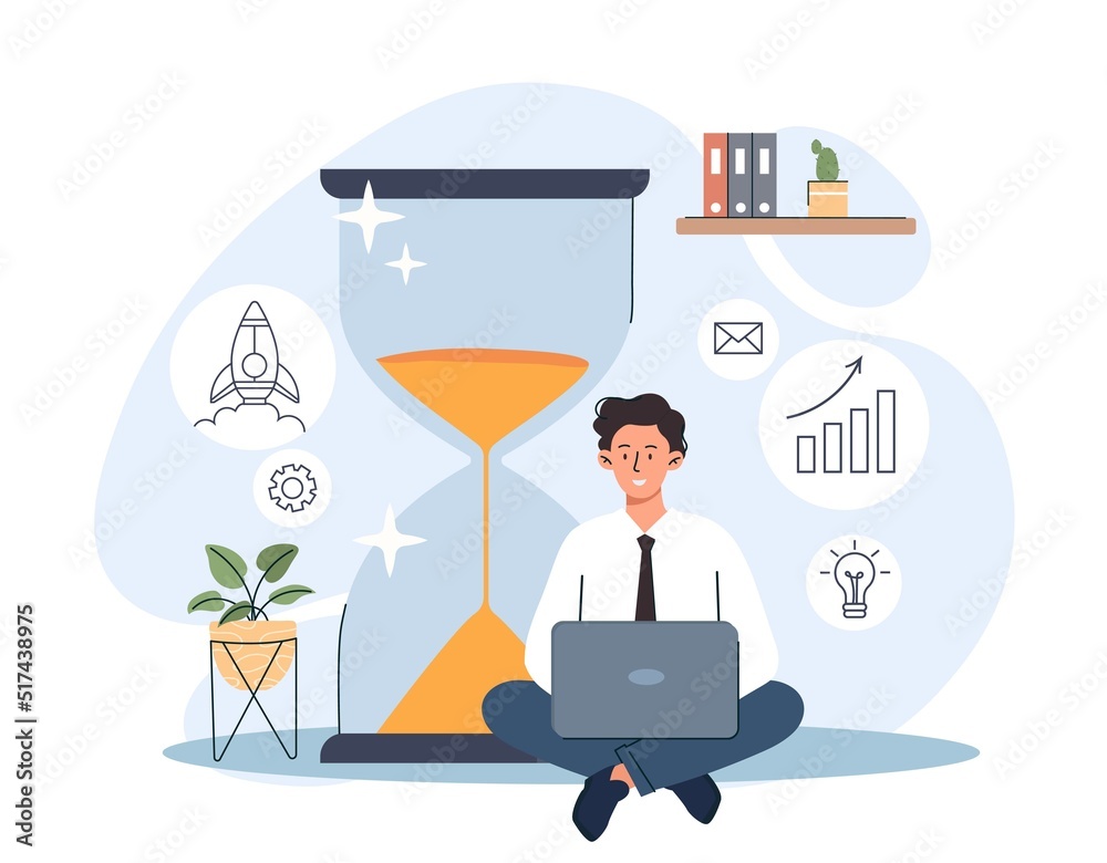 Work time concept. Man at laptop working on project. Metaphor for ...