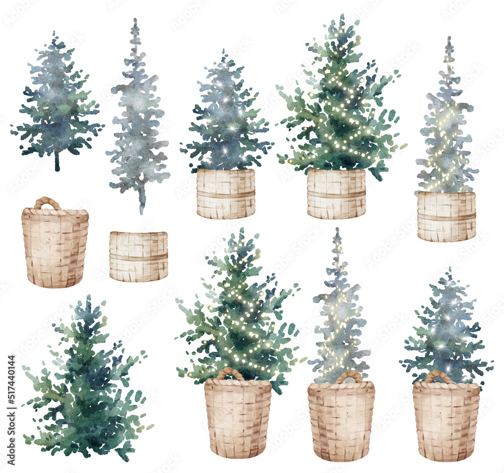 Watercolor hand drawn set with Christmas tree with lights and backets ...