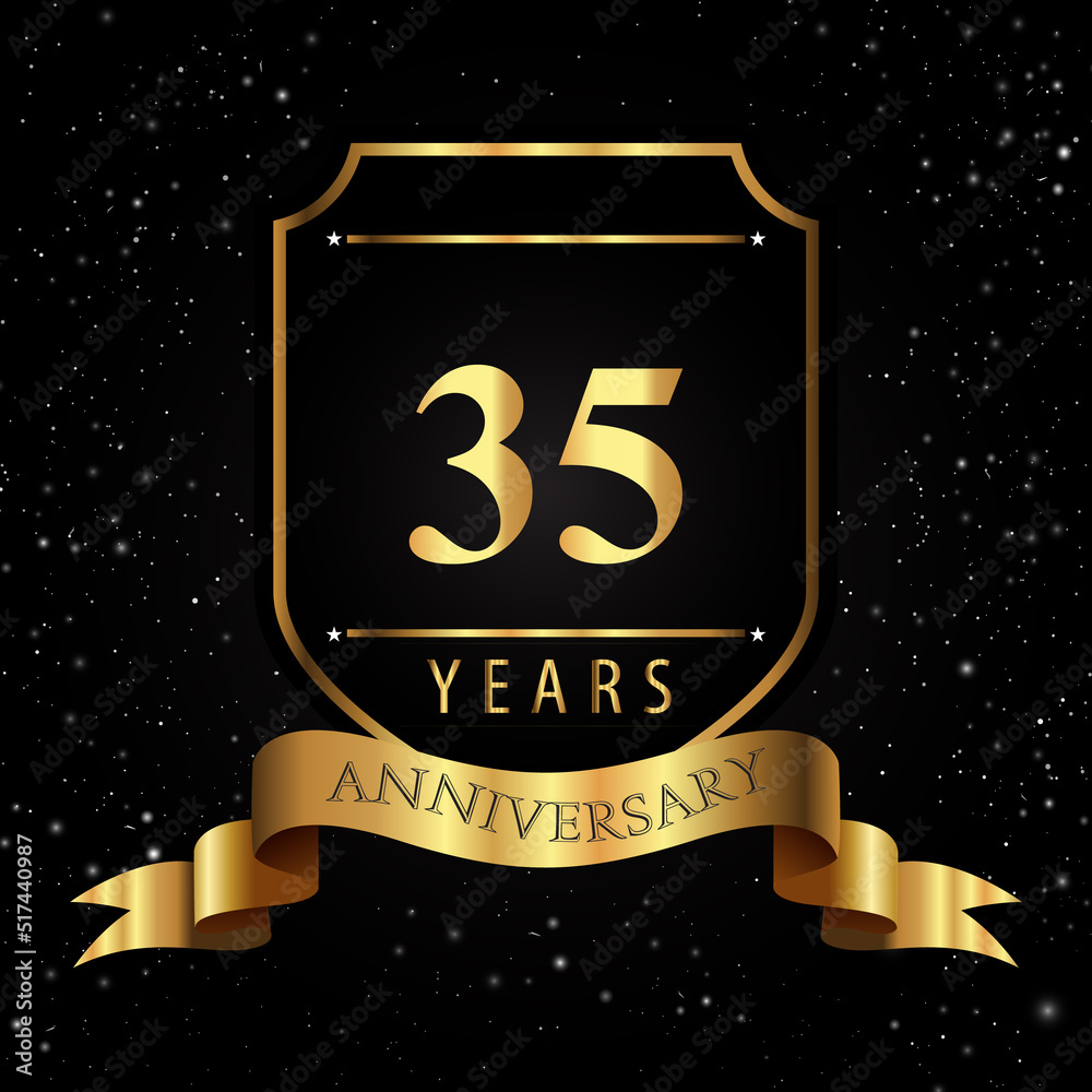 35 Years Golden Anniversary Logo with Golden Shield and Ribbon Isolated ...