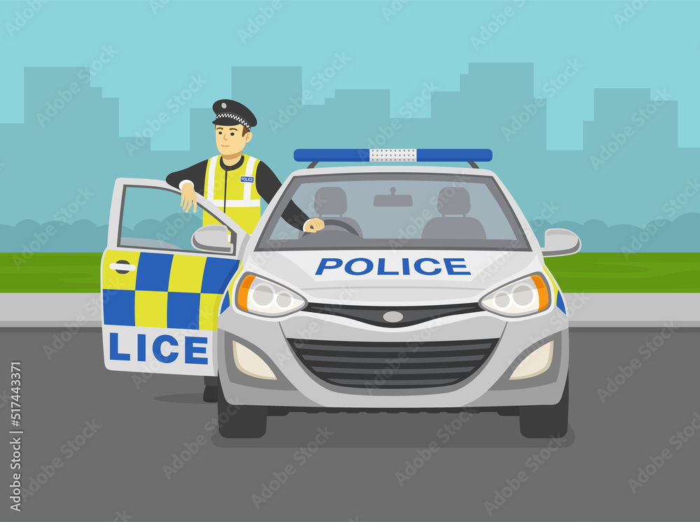 Front view of a traffic police officer leaning on the car door. Parked ...