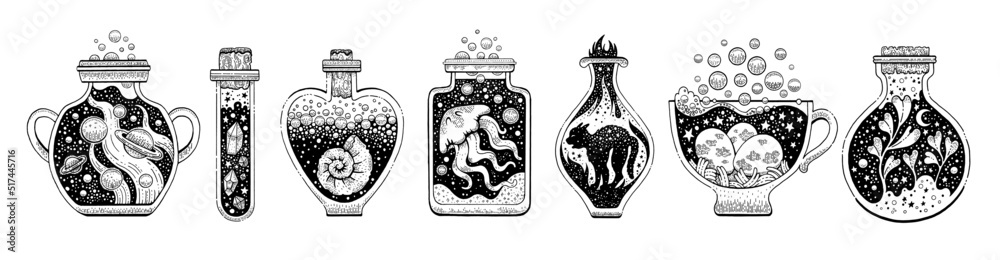 Potion bottle magic vector. Vintage witch game alchemy sketch with ...