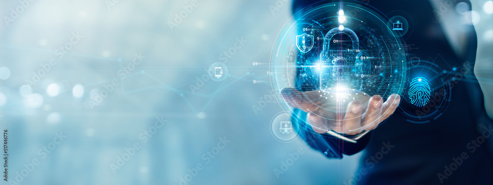 Cyber security and data protection. Businessman holding padlock ...