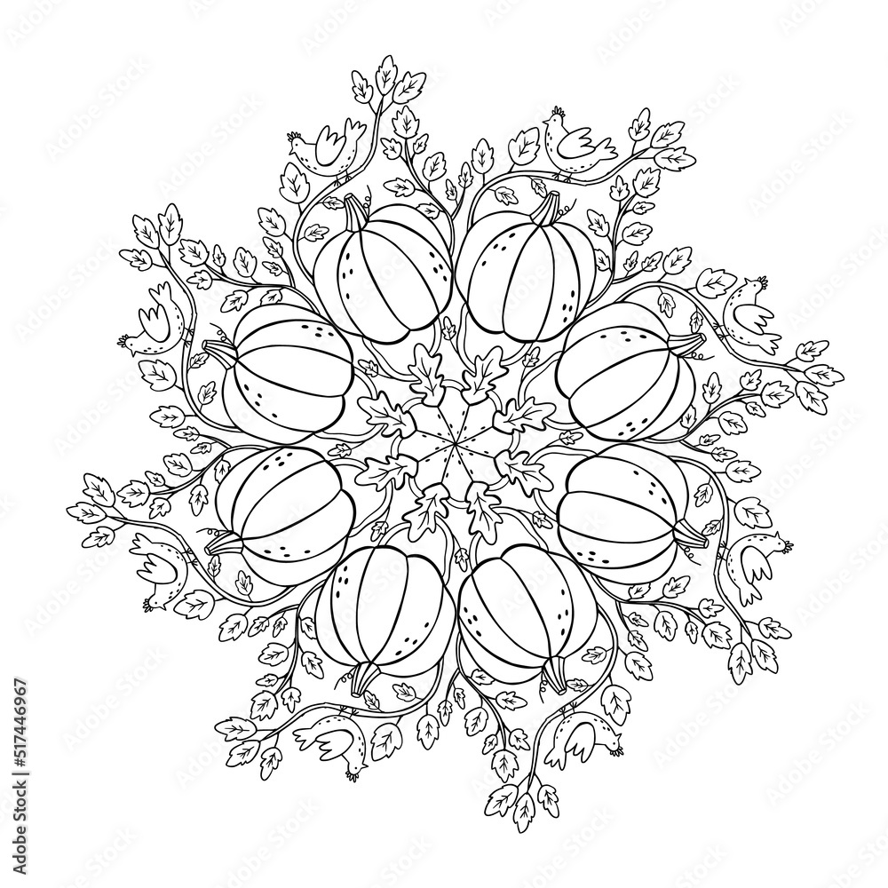 Simple outline autumn mandala with pumpkins and leaves coloring page ...