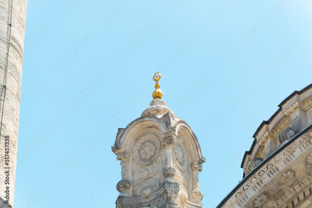 Ortakoy Mosque close up to dome's ornamental bottom view with sunny sky ...
