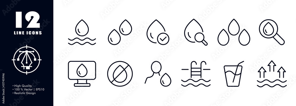 Clean water set icon. Water drops, purified, magnifier, check mark ...