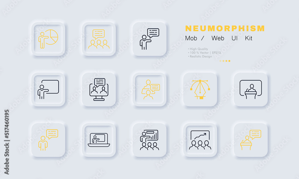 Working presentation set icon. Speech, bubble, communication, chart ...