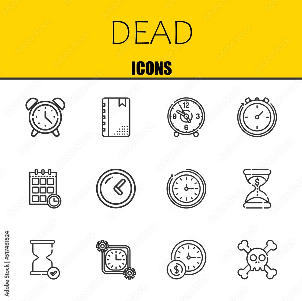 dead vector line icons set. alarm clock, agenda and clock Icons. Thin ...