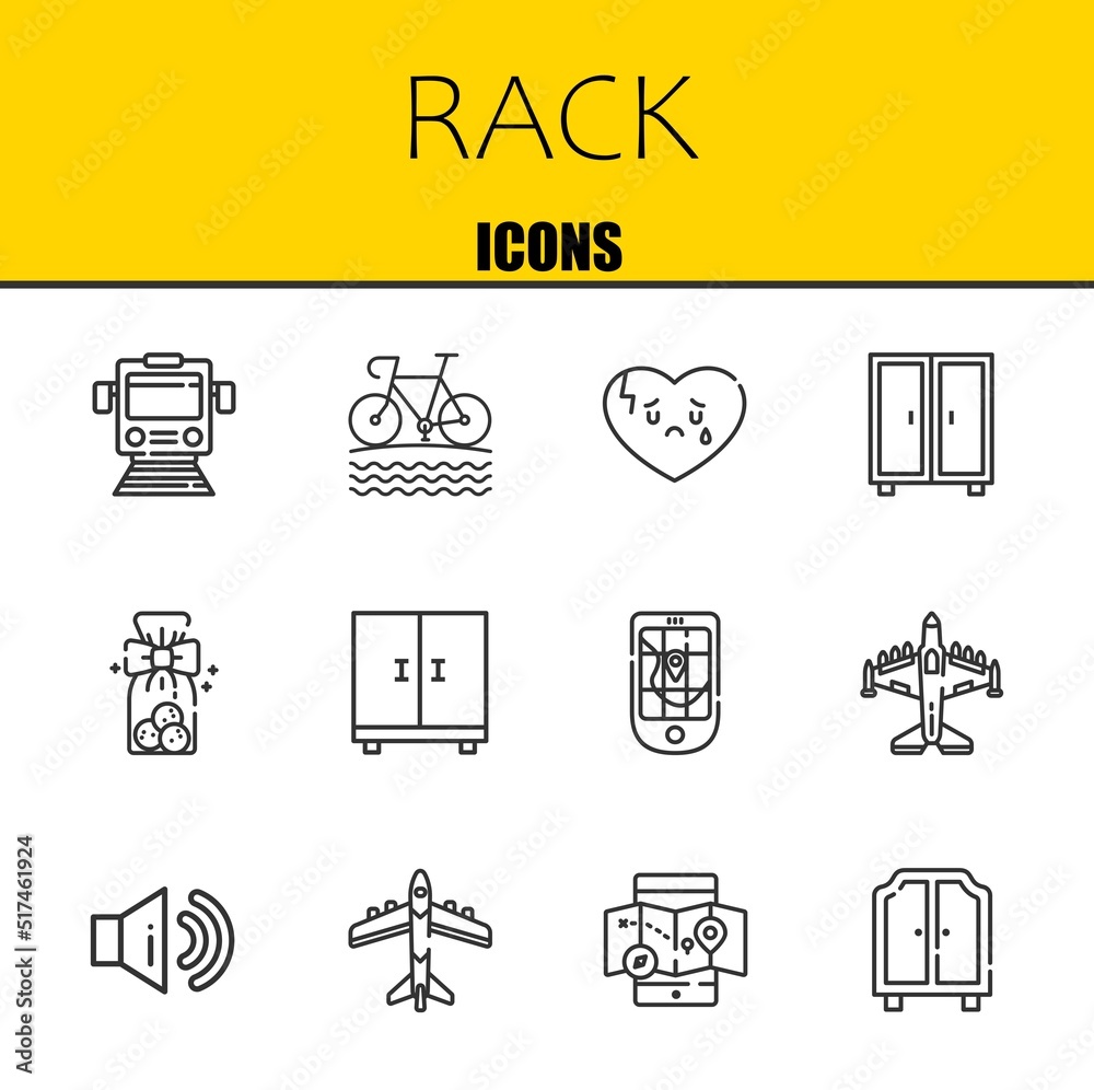 rack vector line icons set. train, bike and broken heart Icons. Thin ...