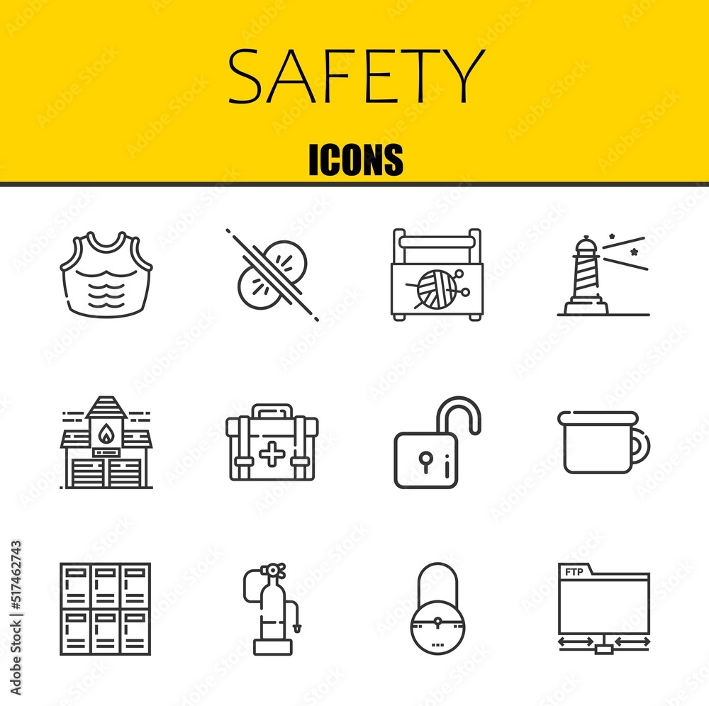 safety vector line icons set. armor, collision and sewing box Icons ...