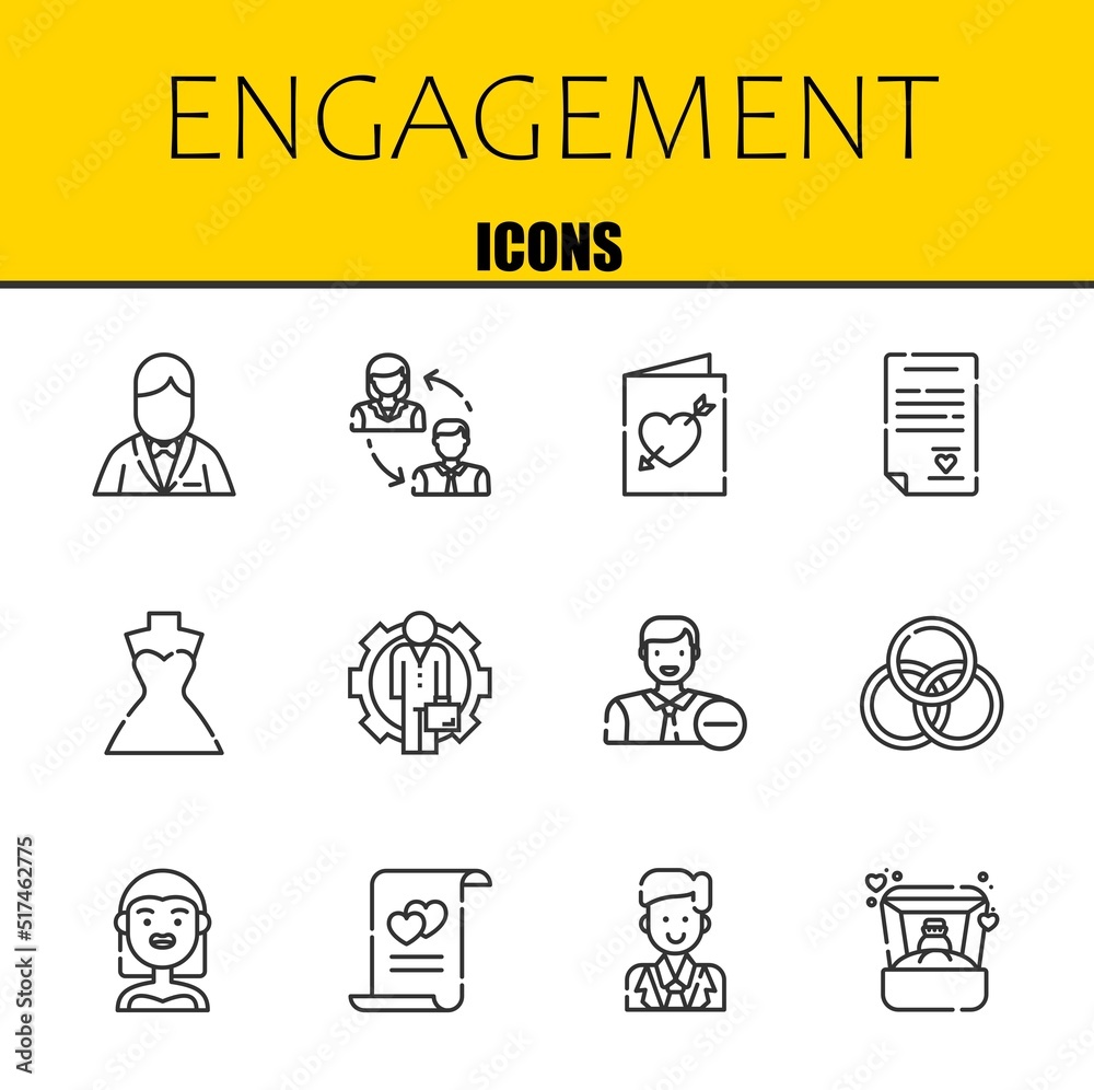 engagement vector line icons set. groom, employees and wedding ...