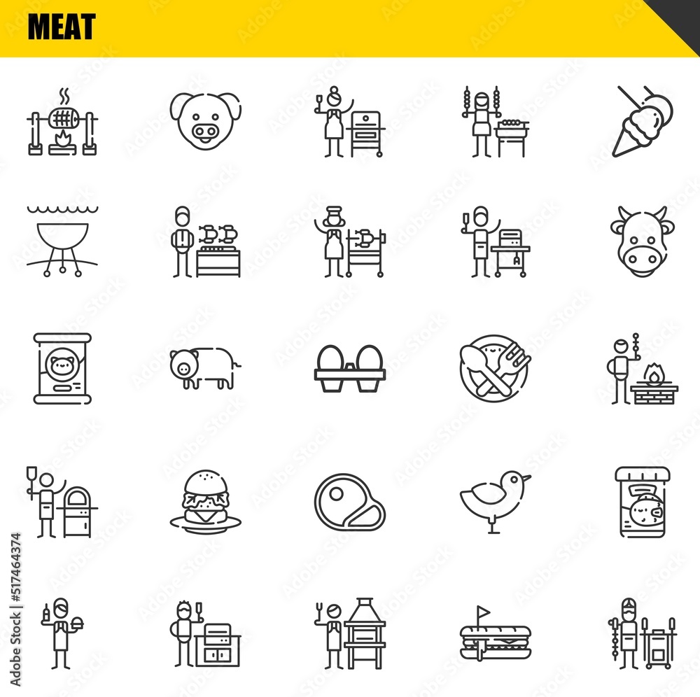 Vetor de meat vector line icons set. roast, burguer and cat food Icons ...