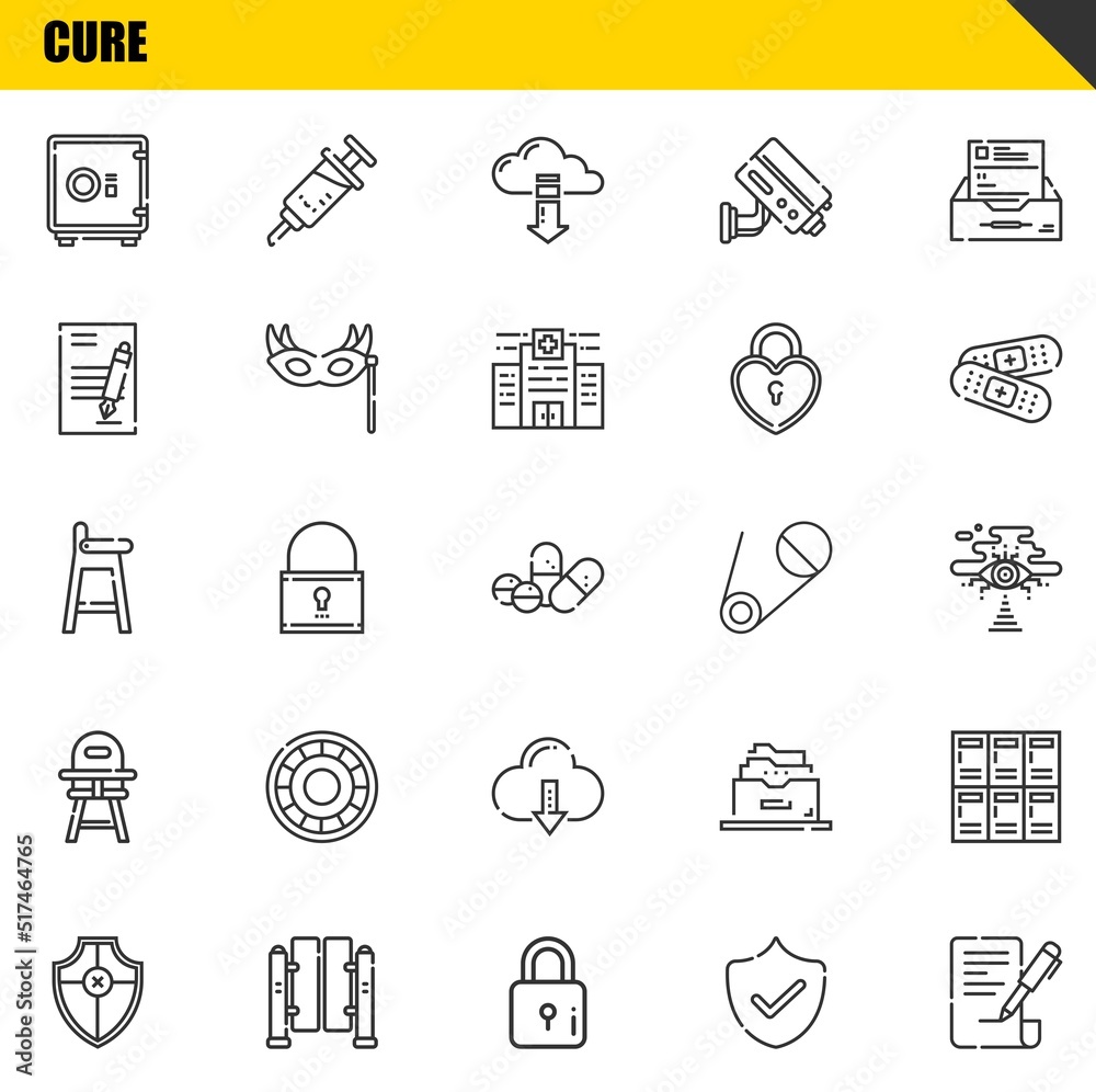 cure vector line icons set. safebox, shield and baby chair Icons. Thin ...