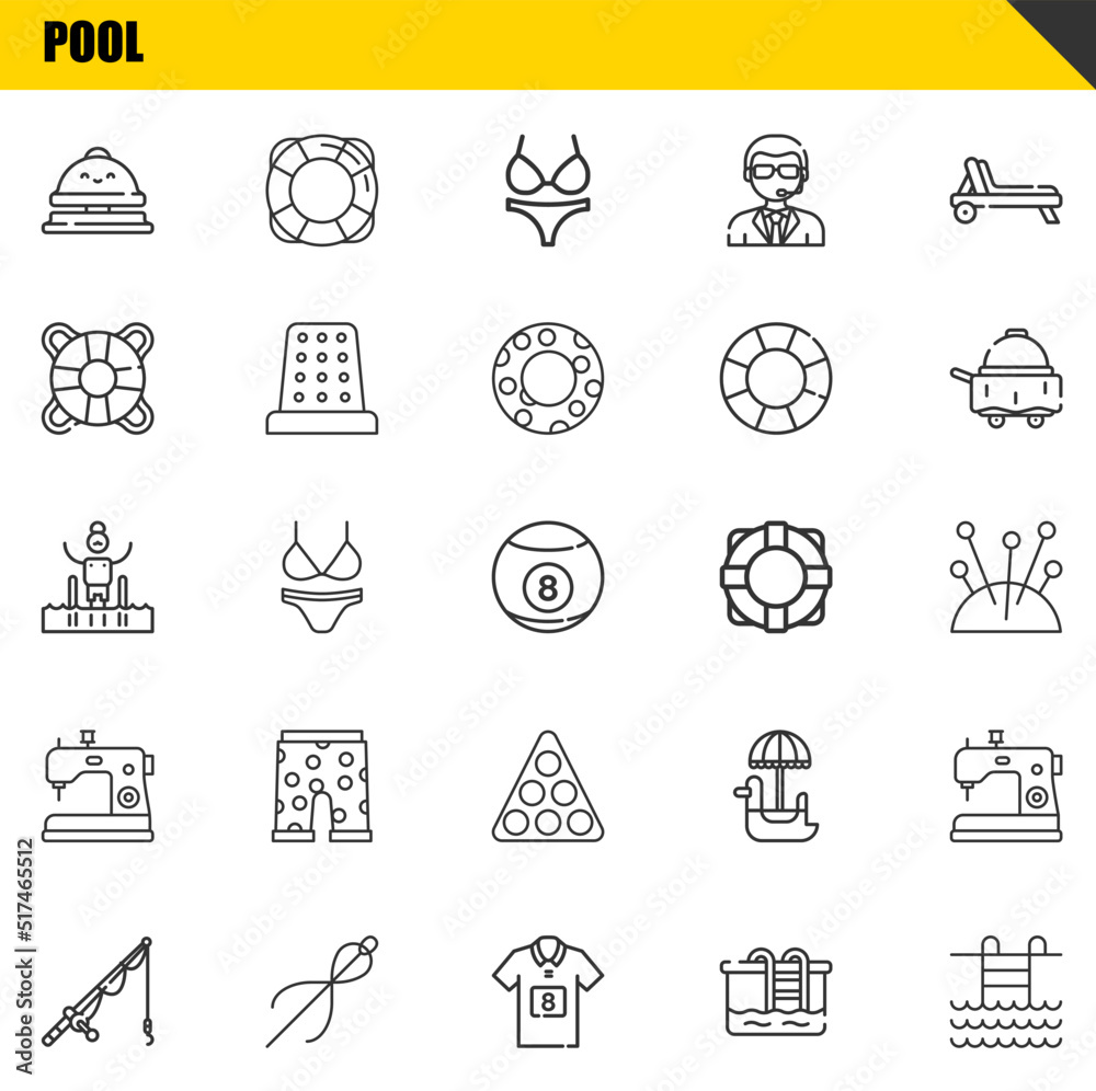 pool vector line icons set. reception bell, fishing rod and pool Icons ...
