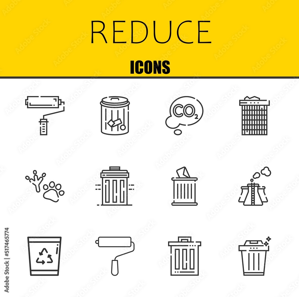 reduce vector line icons set. paint roller, trash and co2 Icons. Thin ...