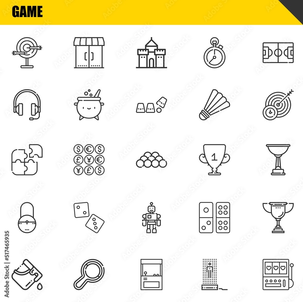 game vector line icons set. dart board, bucket and puzzle Icons. Thin ...