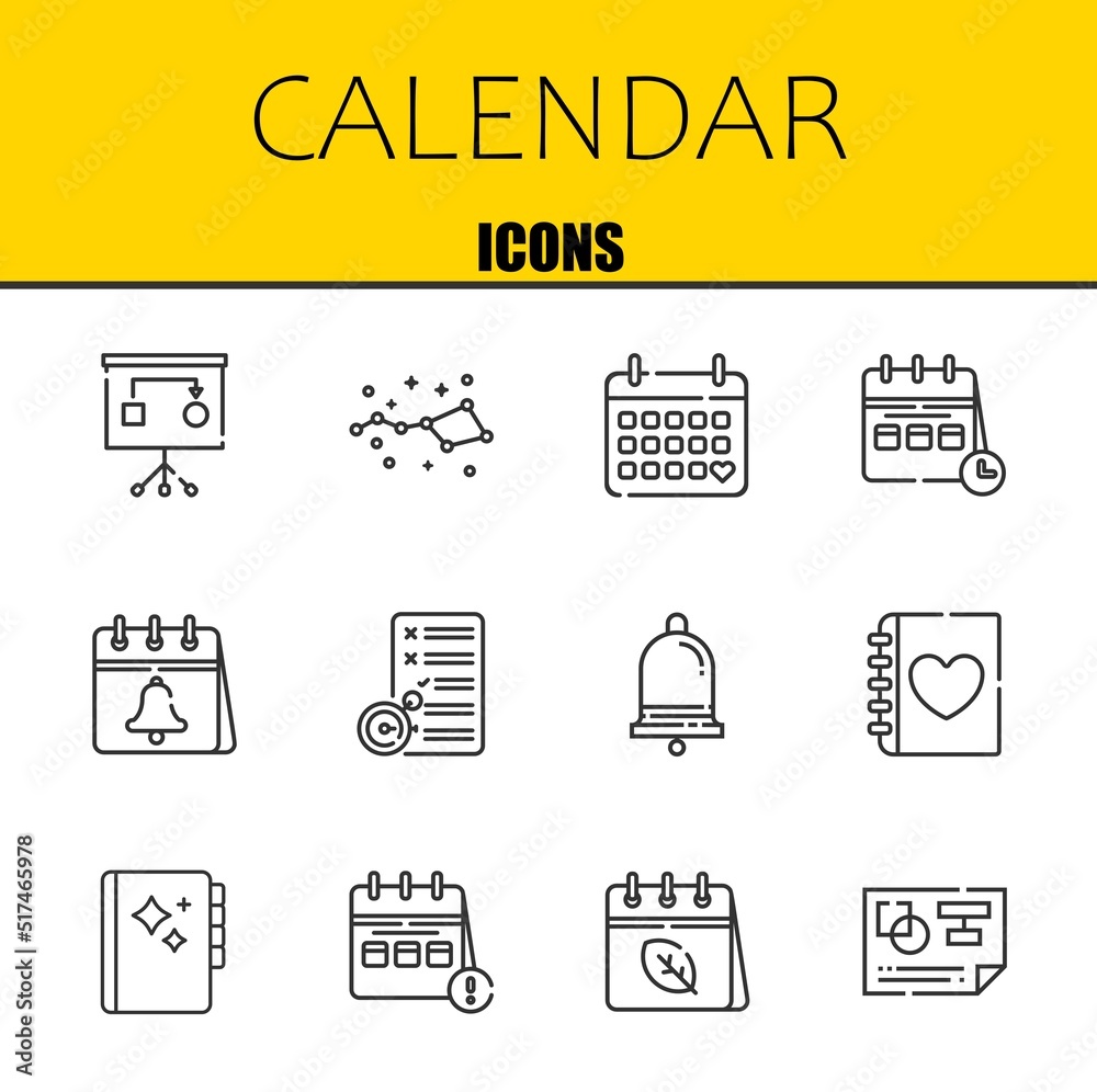 calendar vector line icons set. planning, constellation and calendar ...